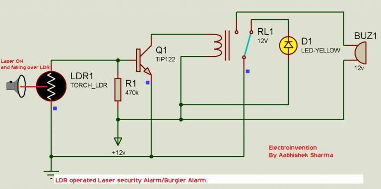 Laser Light Security Alarm using LDR | Burglar Alarm - Electroinvention
