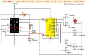 Traffic light controller circuit using IC 555 & CD 4017 - Electroinvention